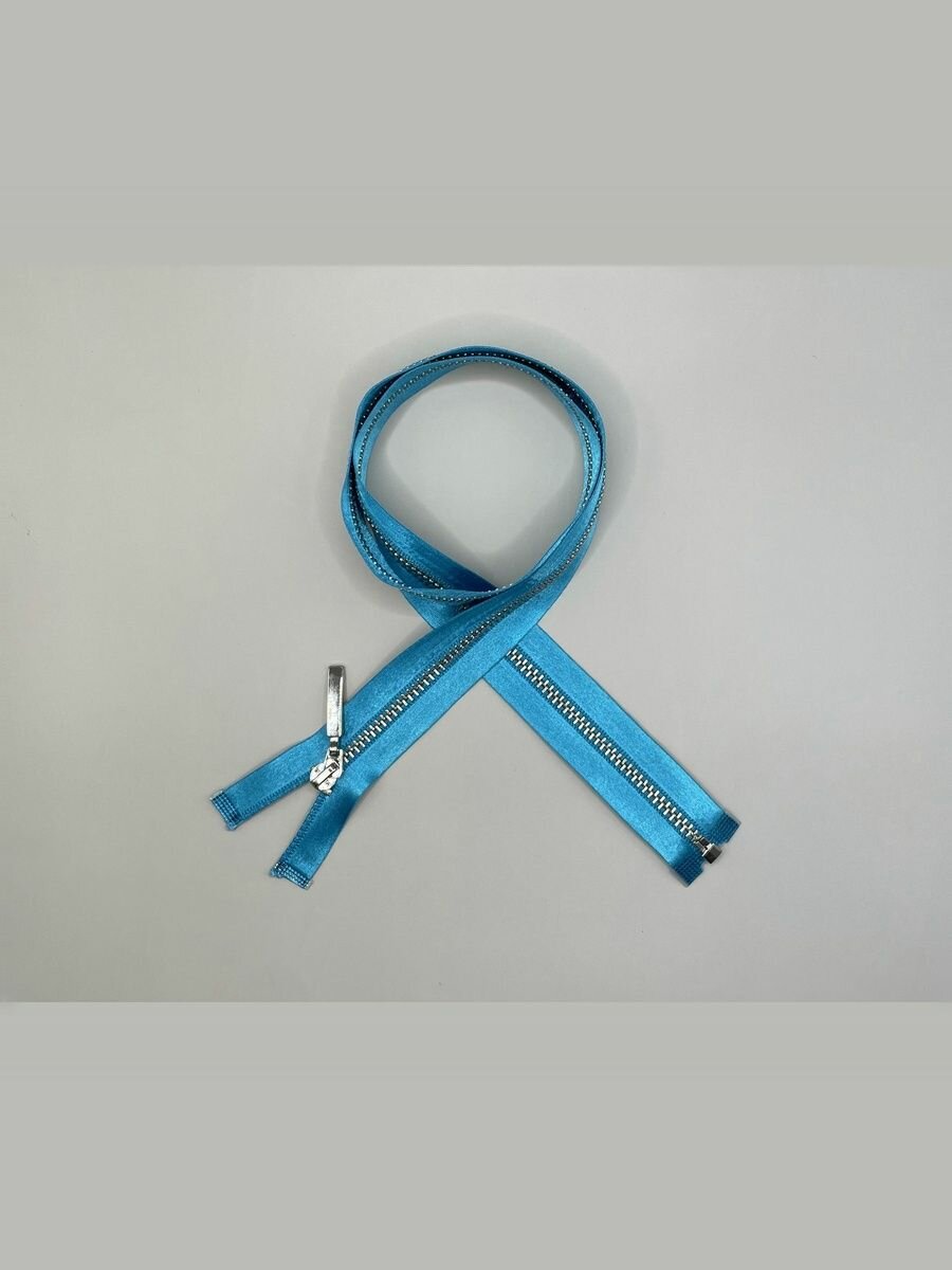 Молния металл,60 см, на атласной тесьме, тип 4, бирюзовый, зубья серебро. Италия.1шт.