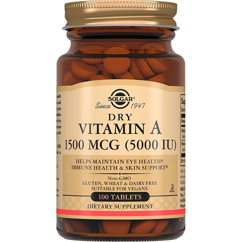 БАД Solgar Таблетки "Сухой витамин А 1500 мкг (5000 МЕ)", 100 шт. Dry Vitamin A 1500 mcg (5000IU)