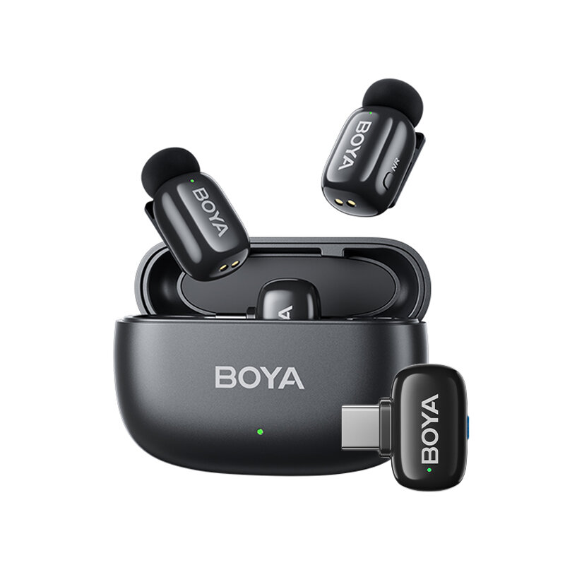 BOYA mini One-Trigger-Two 2.4G Wireless Microphone System Phone Microphone Mini Lapel Mic 100M Transmission Range 48kHz 16-bit для iPhone 14/13/12/11 с 2 передатчиками, 2 приемниками (Type-C & iOS), зарядным кейсом, сумкой, кабелем и инструкцией