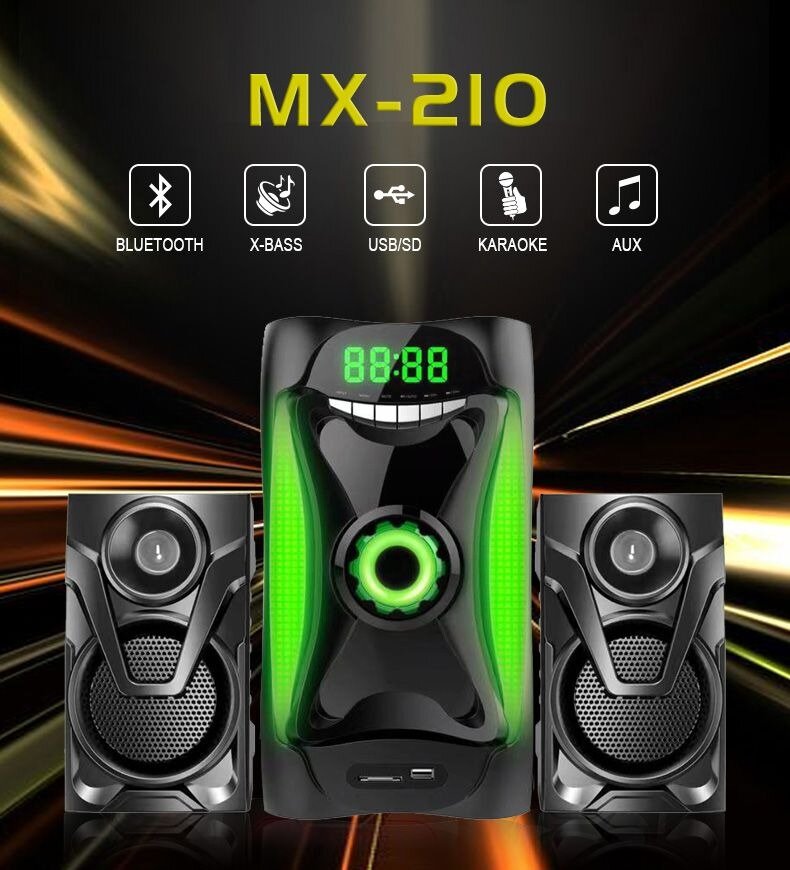 Колонки для компьютера 2.1, общая мощность 120 Вт, поддержка Bluetooth, FM, AUX, SD карты и т.