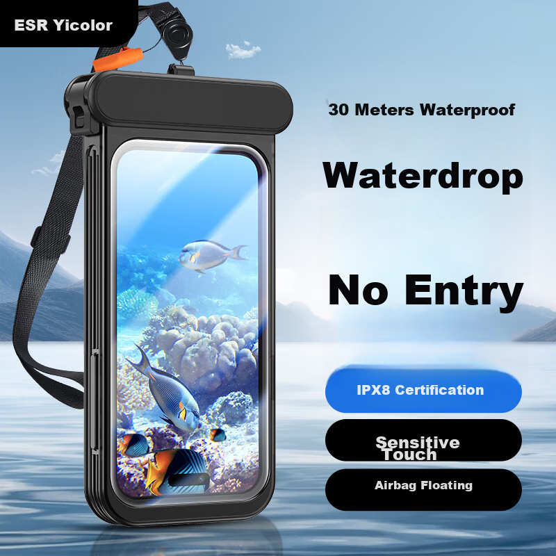 ESR Waterproof Phone Case, Touchscreen Compatible, Waterproof Pouch for Swimming And Deep Diving, Underwater Photography, Lanyard, Neck Strap, Phone Bag for Food Delivery Riders, Rain Protection, Suitable for IPhone 13/14/15, Black