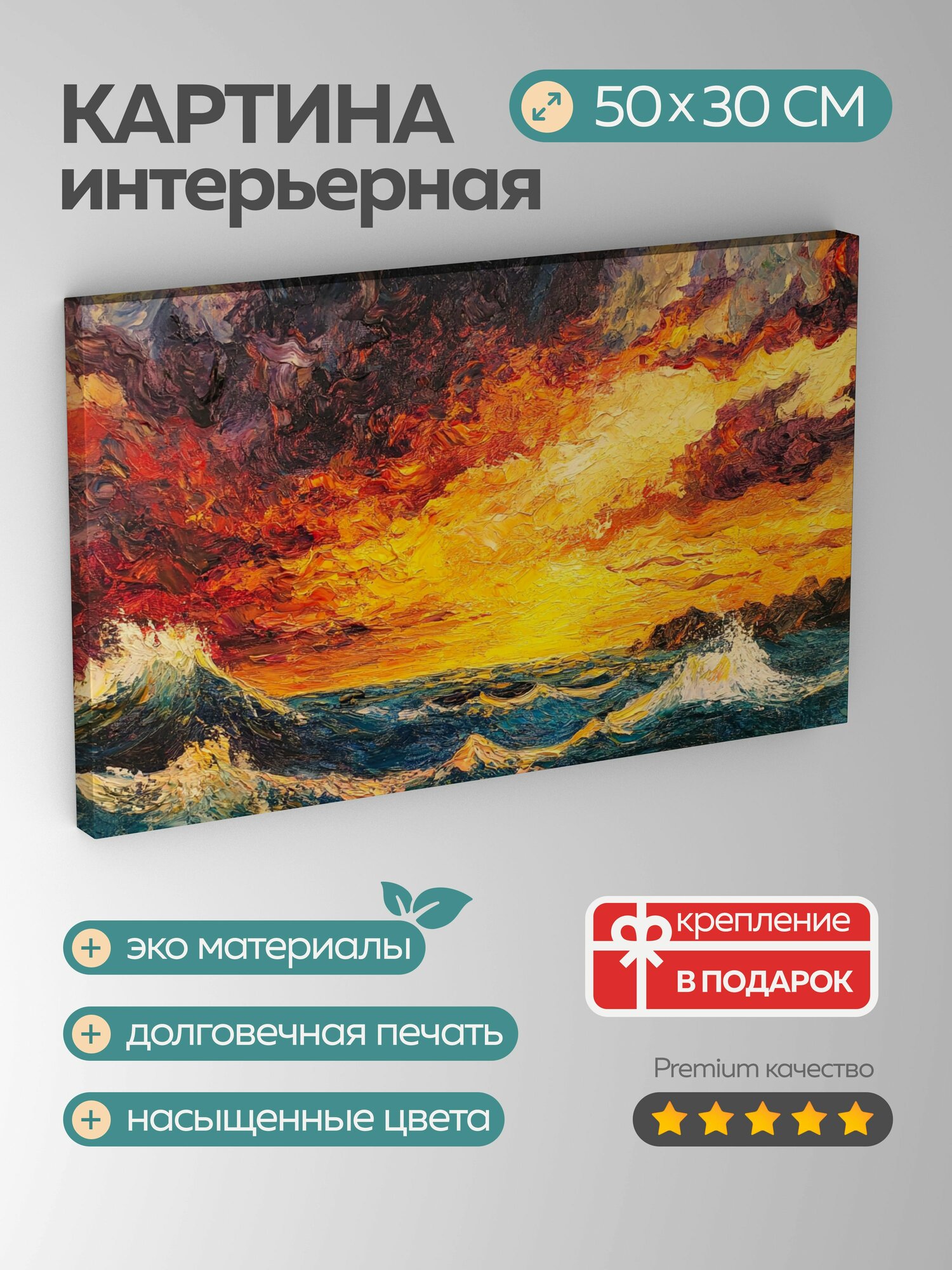 Картина на холсте интерьерная 50х30 см, импрессионизм, морской пейзаж, закат, океанские волны, скалы, свет сумерек