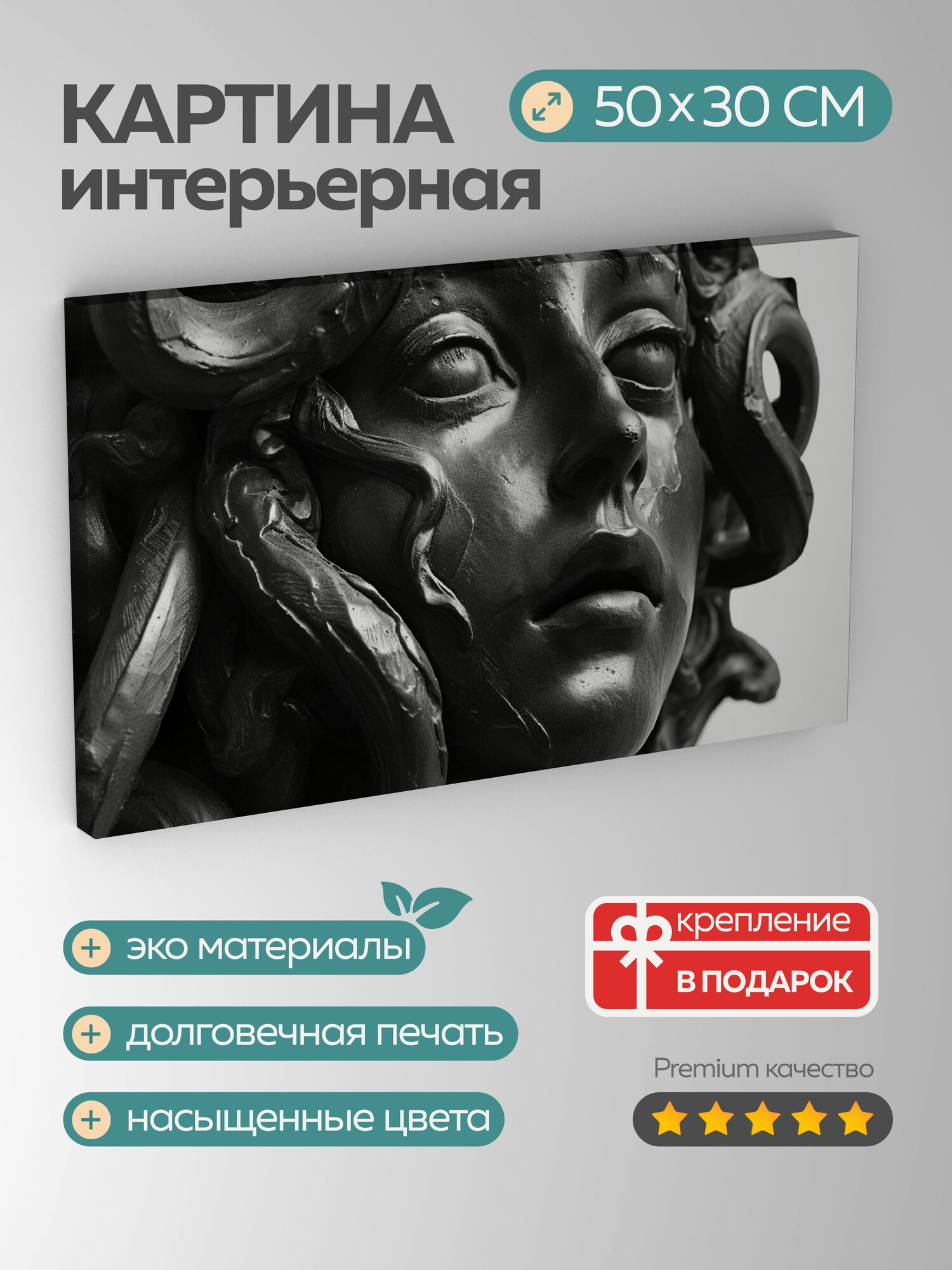Картина на холсте интерьерная 50х30 см, черно-белая фотография, скульптура Медузы, змееподобные волосы, безвременье