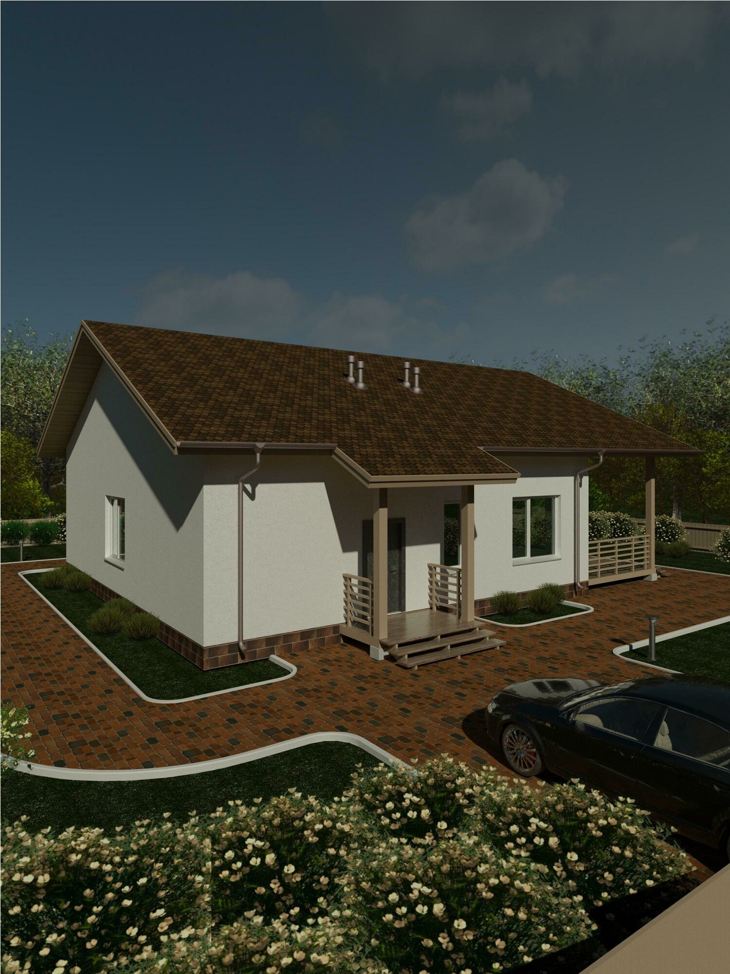 Проект одноэтажного дома размером 16×13м (спальня 2, ванная, гардероб, терраса)