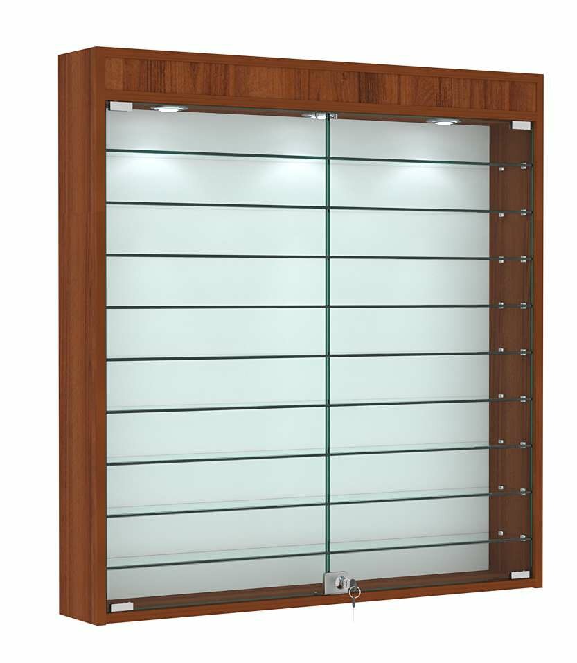 Витрина настенная №4-7А с фризом и девятью стеклянными полками, Орех