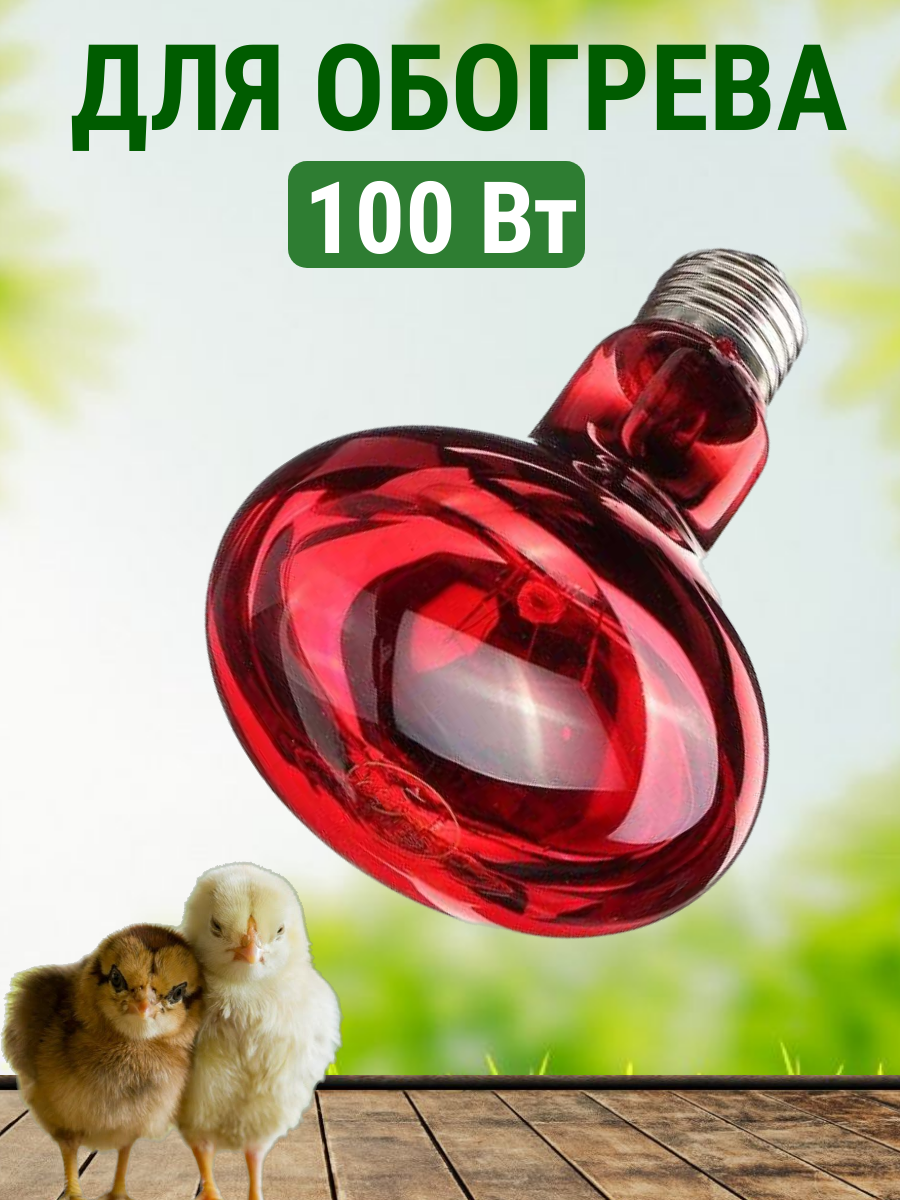 Лампа инфракрасная 100 Вт для обогрева цыплят, птиц и животных
