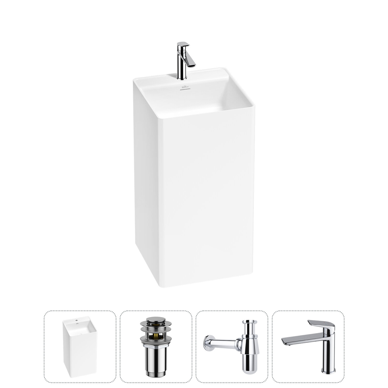 Квадратная напольная раковина для ванной Wellsee Pure BY Wellsee 20213274R в наборе 4 в 1: напольная отдельностоящая раковина моноблок в цвете матовый белый, донный клапан, сифон, смеситель (цвет хром)