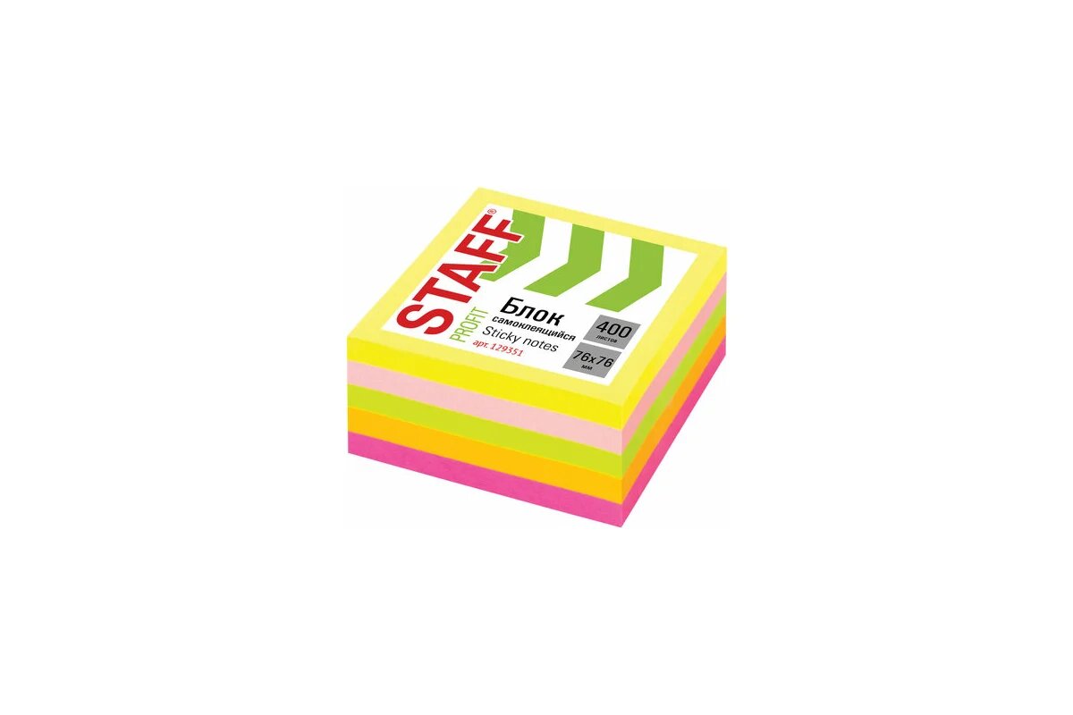 Staff Блок самоклеящийся стикеры неоновый 76х76мм, 400 листов, 5 цветов, 129351