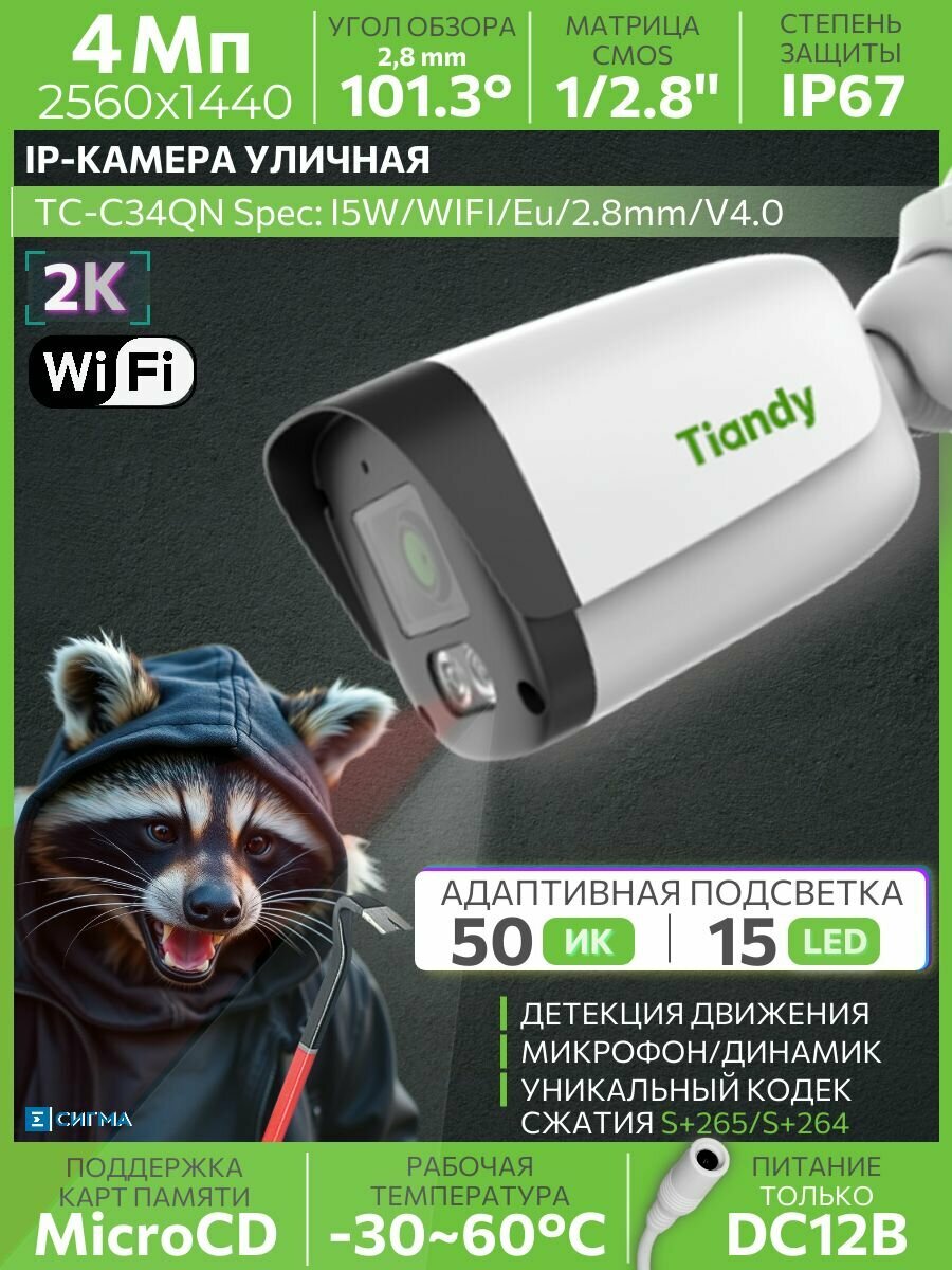 Wi-Fi IP-камера видеонаблюдения Tiandy TC-C34QN I5W/WIFI/Eu/2.8mm/V4.0 4Мп 2,8мм ИК/LED CMOS microSD уличная цилиндрическая микрофон динамик