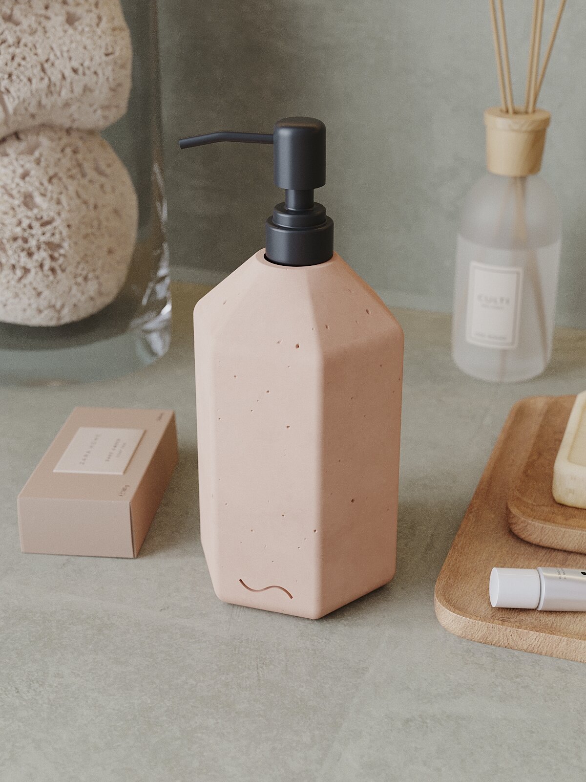 Дозатор для жидкого мыла Sakura, 400 мл, диспенсер для мыла из бетона, розовый матовый