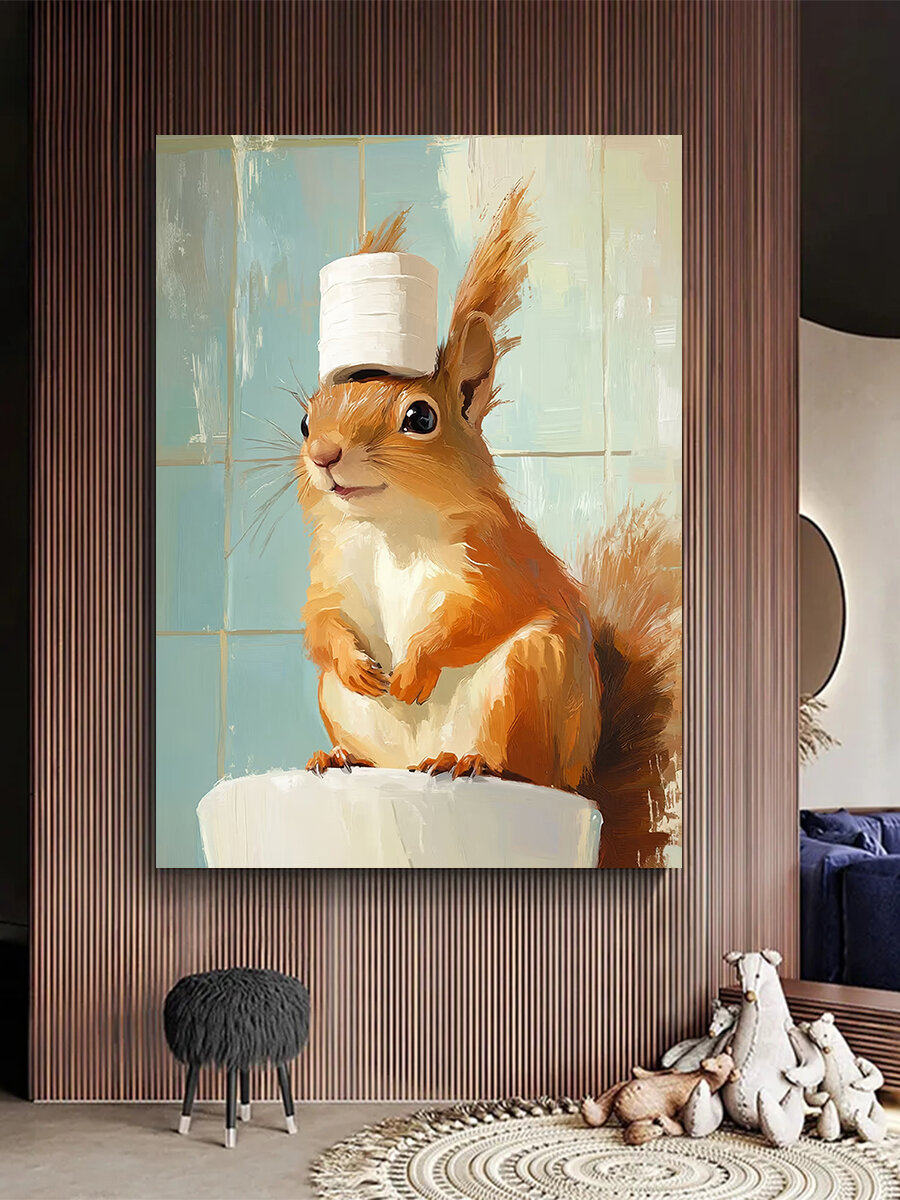 Картина на стену для интерьера - "Белка в туалете. Животные в туалете и ванной комнате" , 20х30 см.