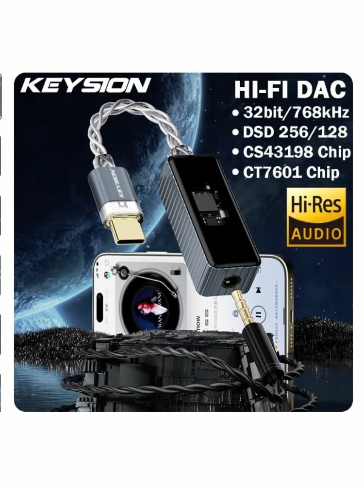 Цифровой аудиоусилитель KEYSION с двумя чипами CS43198+CT7601 USB Type-C Mini HiFI DAC& для наушников Lossless DSD256 32 бит/768 кГц ЦАП-кабель