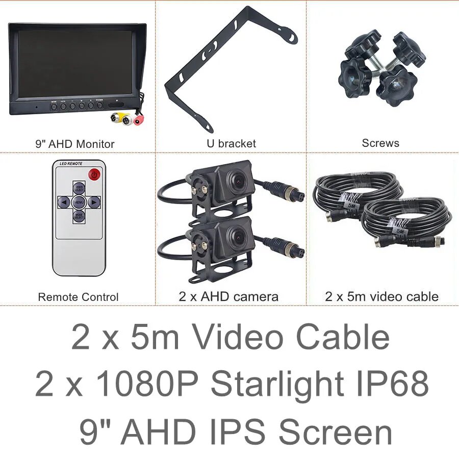SMALUCK 1080P 9-дюймовый AHD IPS монитор заднего вида, водонепроницаемая камера AHD Starlight 2 x 5m