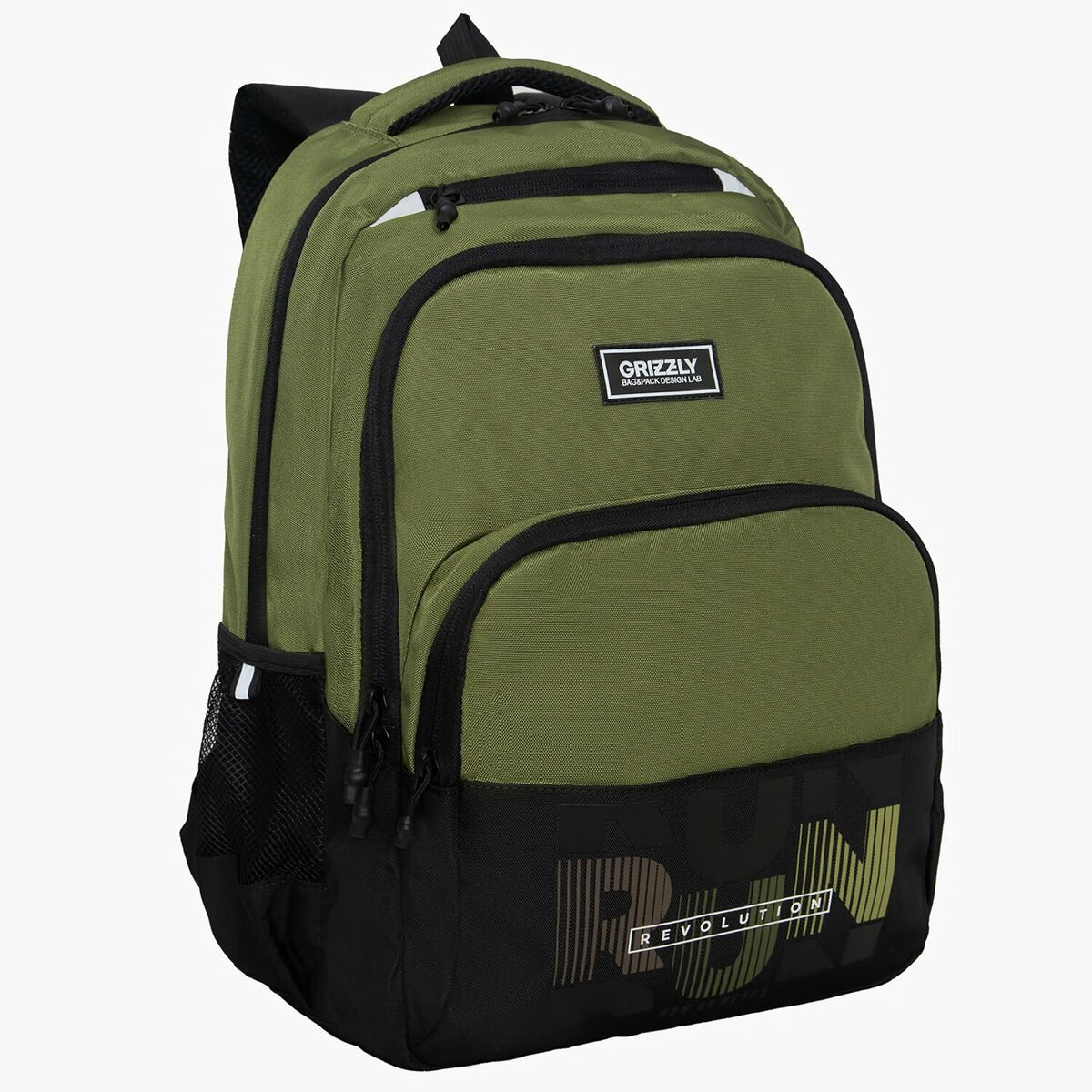 Рюкзак школьный Grizzly анатомическая спинка, 2 отделения, для мальчиков, "RUN", хаки, 45х32х23см (RU-530-6/3)