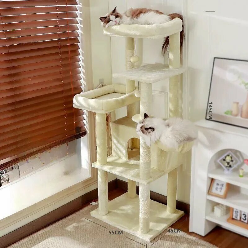 Когтеточка с домиком напольная высокая для кошки. Лежанки и столбик для кота. Кошачий дом для котят. гамаком, бежевый