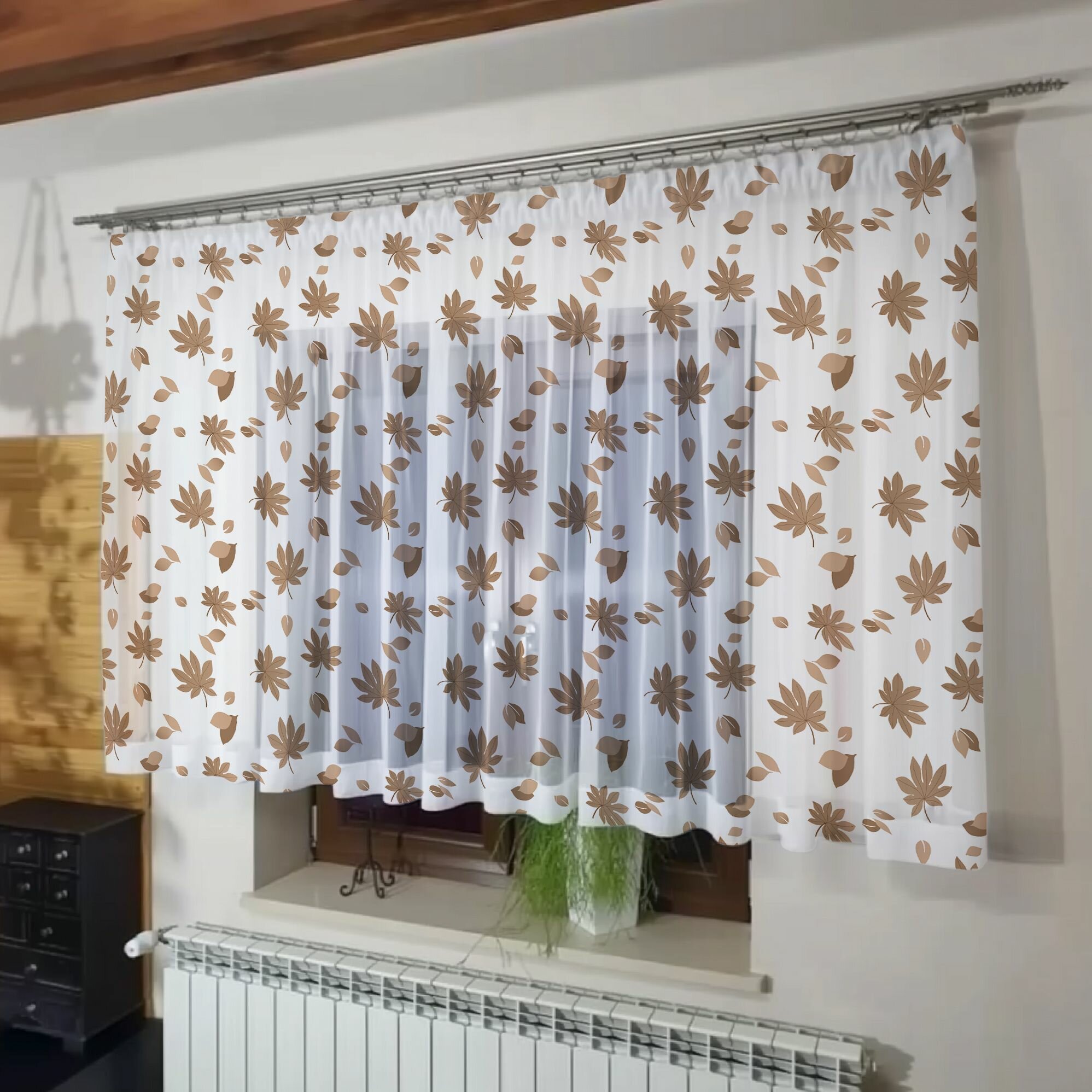 Тюль с рисунком для кухни короткий одним полотном на ленте под крючки арт КЛЕН-К-1 выс 160 см цвет коричневый