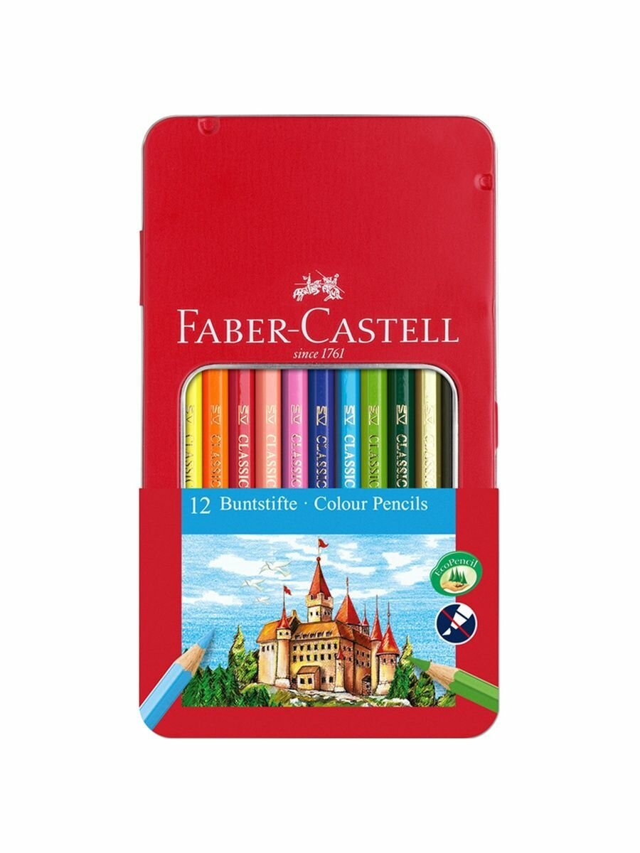 Карандаши цветные Faber-Castell "Замок", 12цв, шестигр, заточ, метал. кор, 115801