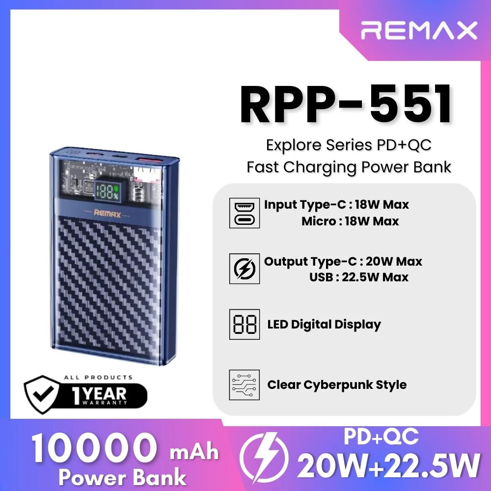 REMAX RPP-551 Explore Series 10000mAh Fast Charging Power Bank(PD+QC)(20W+22.5W) - Blue