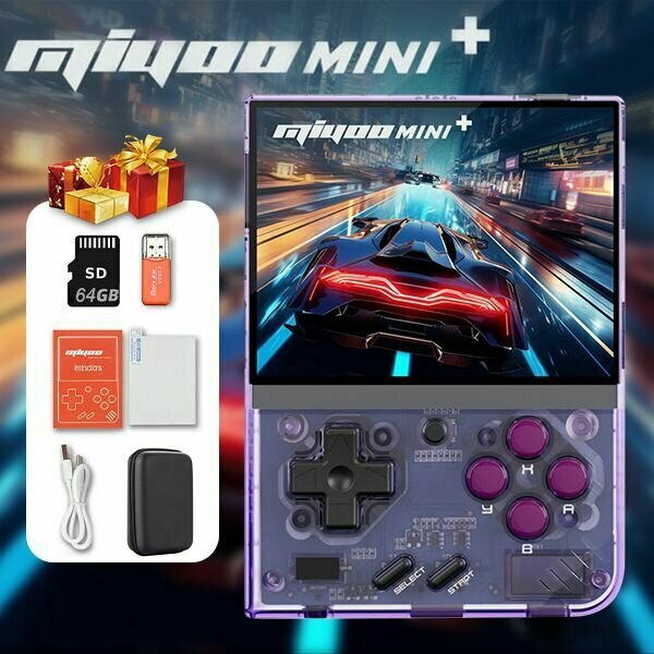 Новогодние подарки портативная игровая консоль Miyoo mini plus, 3,5-дюймовый IPS-экран - 640*480-3000 мАч, поддержка Wi-Fi (с сумкой для хранения)64 ГБ