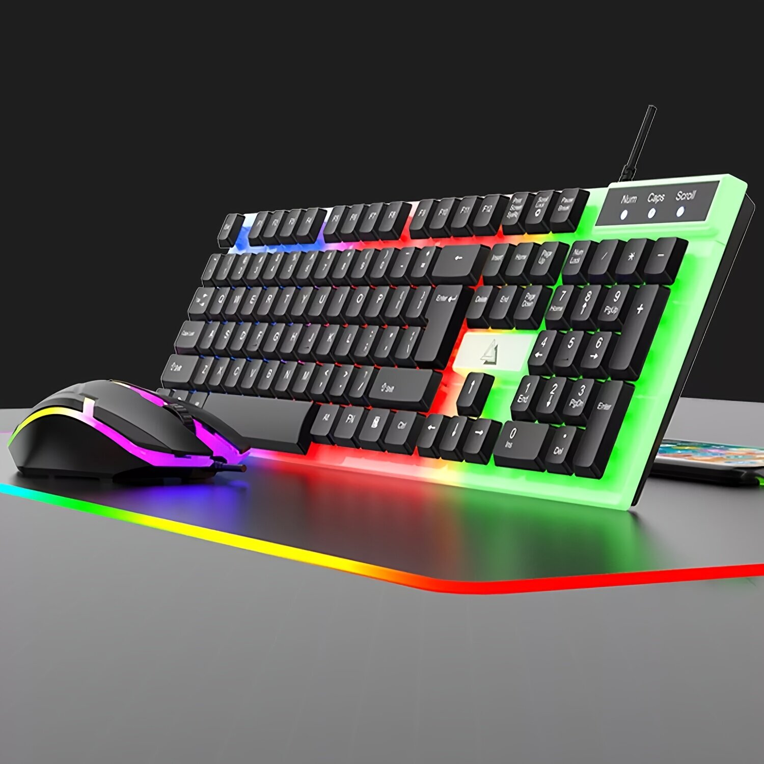 Комбинация игровой клавиатуры и мыши Rainbow, механическая сенсорная светодиодная подсветка, эргономичный набор проводных мышей, подходит для ПК / ноутбуков / Windows / Mac-черный (без коврика для мыши)