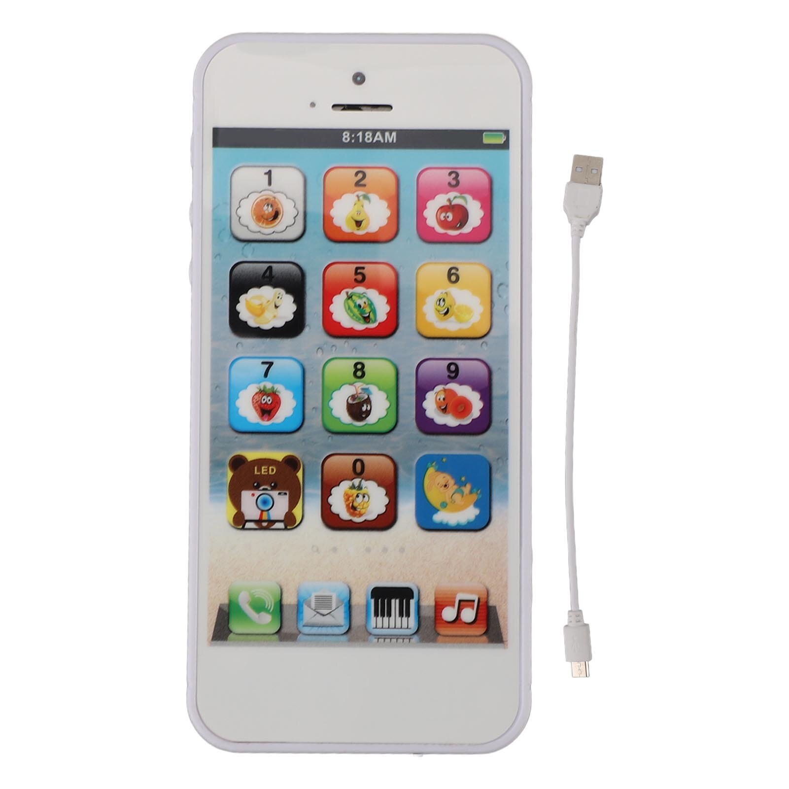Kids Toy Smartphone With Music Player Colorful LED Lighting 8 Modes Fake Cell Phone Touchscreen Learning Play with USB Cable White