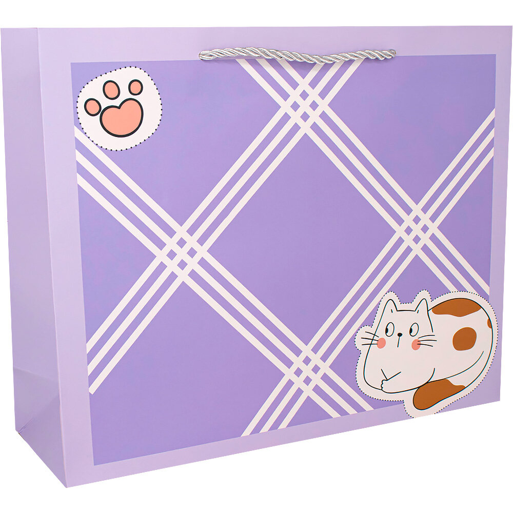 Подарочный пакет КНР 32х26х10 см, кошка, сиреневый, бумажный