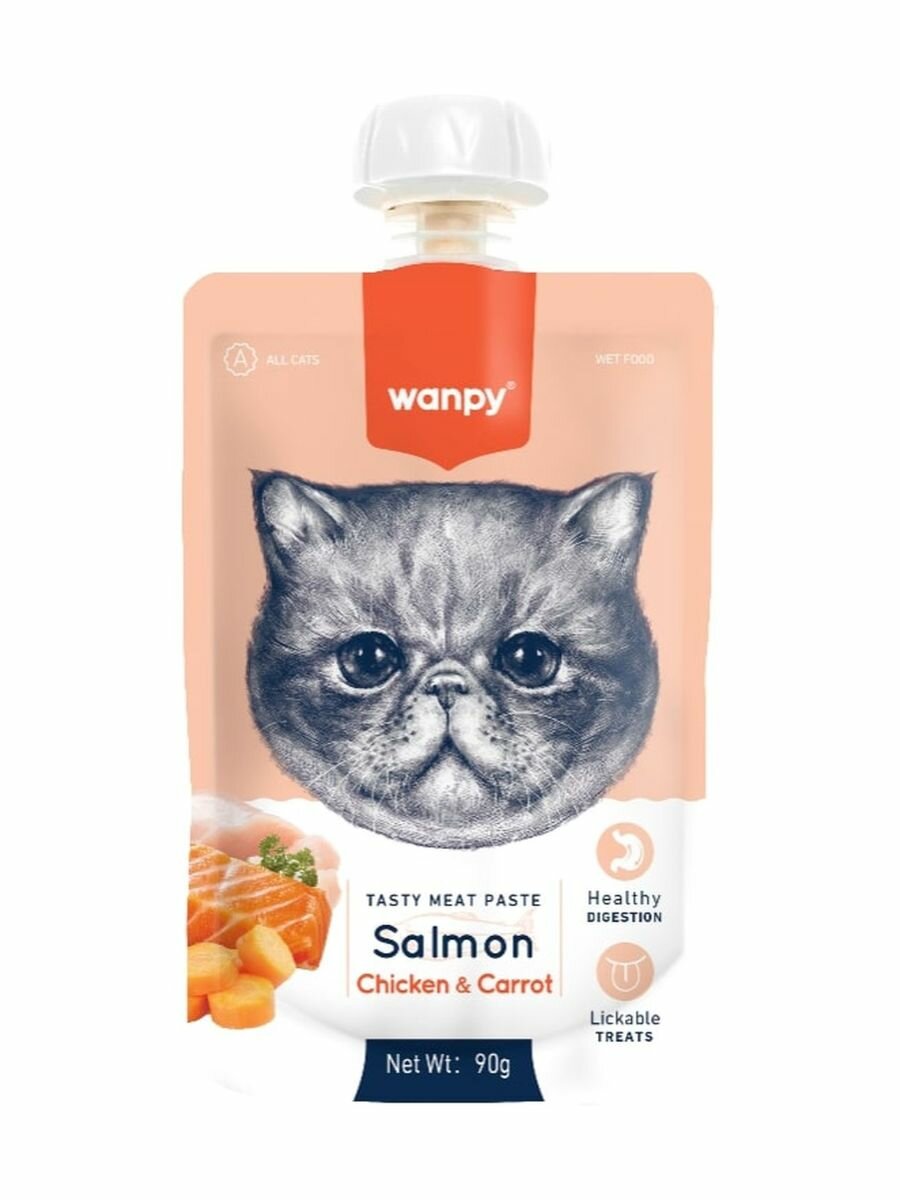 Wanpy Cat Лакомство для кошек Мясной мусс из лосося и курицы с морковью 90 г*10 шт
