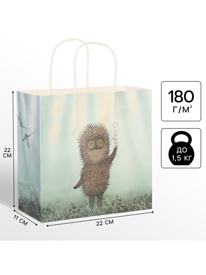 Пакет подарочный, 22×22×11 см, крафт, упаковка, Ёжик в