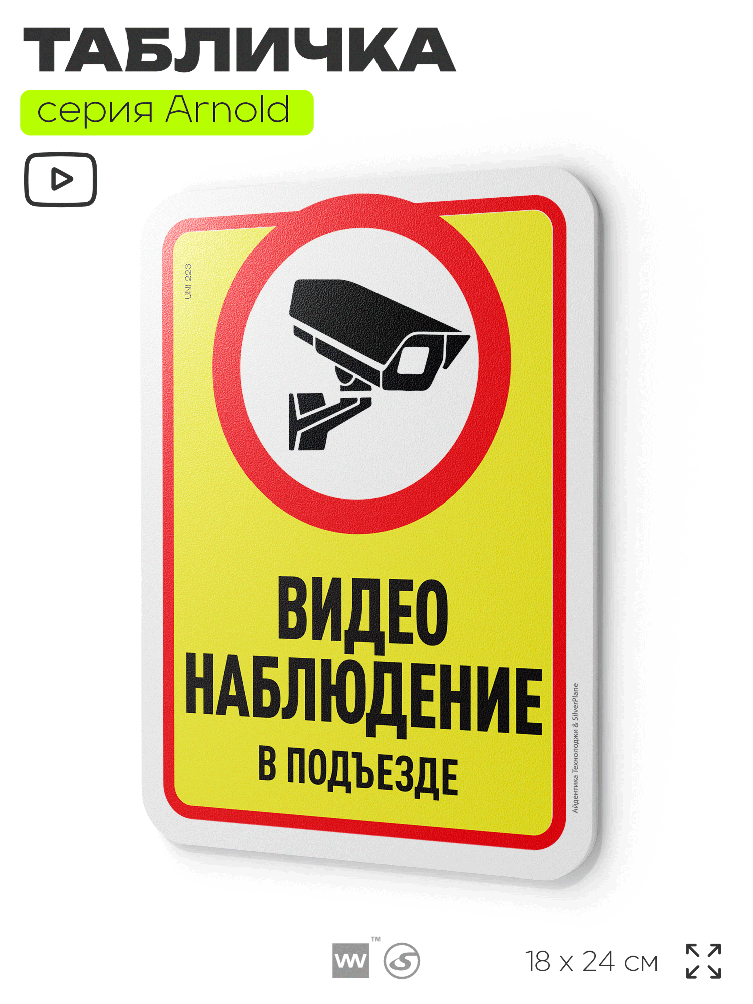Табличка "Видеонаблюдение в подъезде", на дверь и стену, для подъезда, информационная, пластиковая с двусторонним скотчем, 24х18 см, серия Арнольд, Айдентика Технолоджи