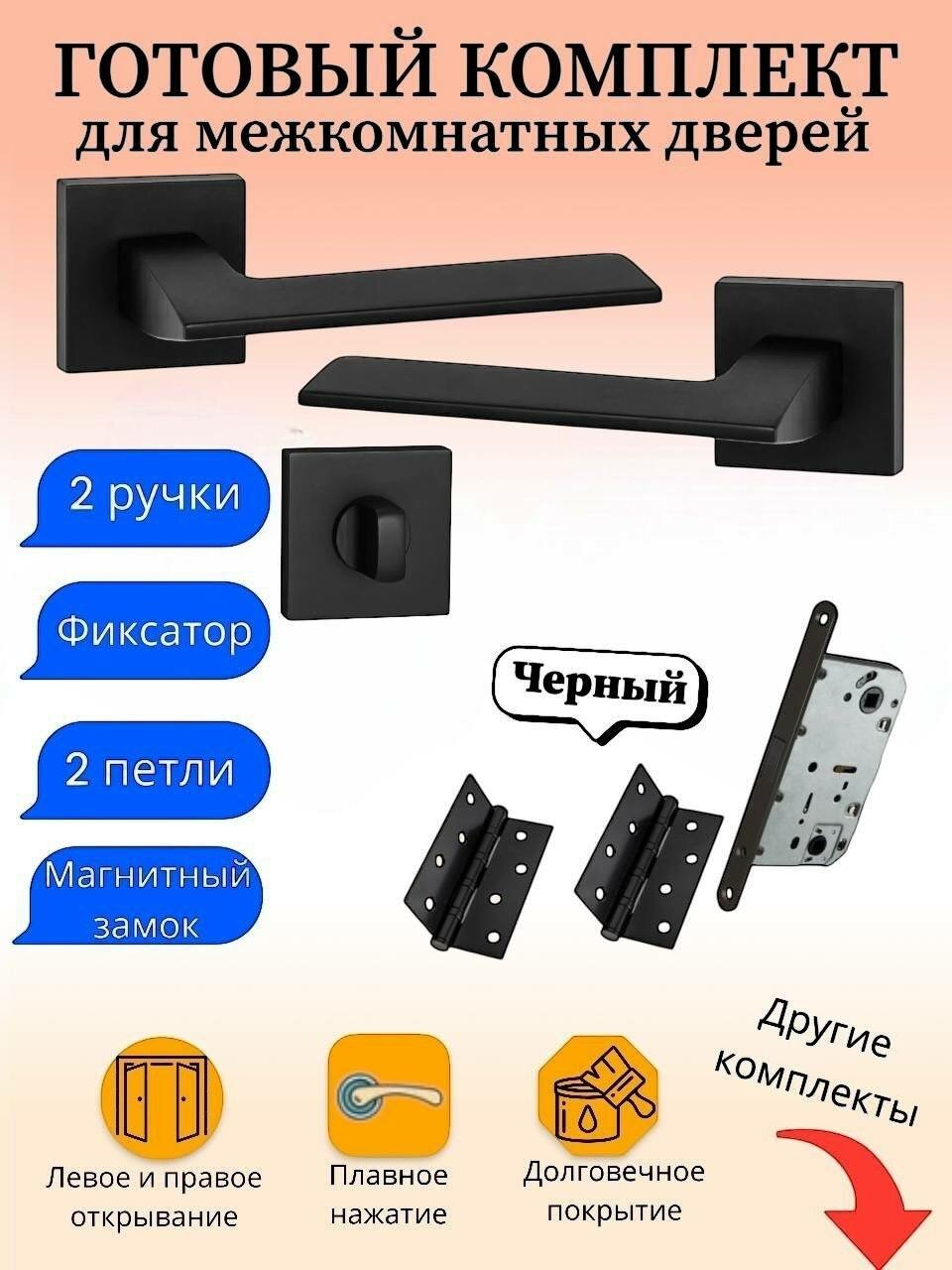 Ручка дверная межкомнатная Puerto INAL_531-03_B_MAGWC, черный (ручка + завертка WC + магнитный замок + 2 универсальные петли)