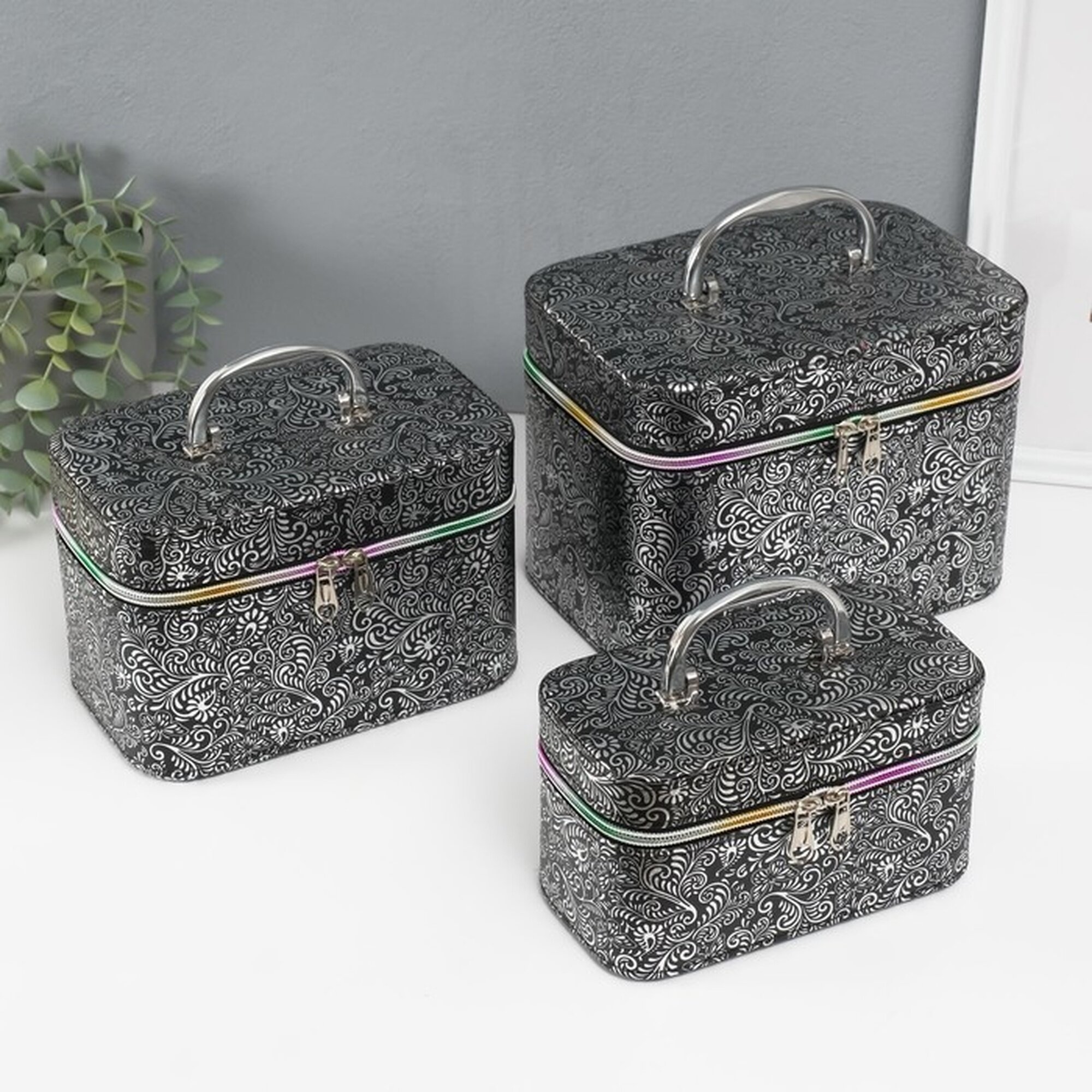 Набор шкатулок для украшений с зеркалом «Узоры бабочки», 3 шт, искусственная кожа, чёрная