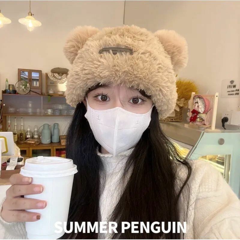 Шерстяная шапка с ушками медведя, женская осенне-зимняя бархатная утепленная вязаная шапка в корейском стиле, милая нишевая холодная шапка, женская бархатная Тедди