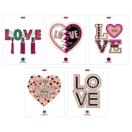 Тетрадь "LOVE", 48 листов, А5, клетка, матовая ламинация, 3D-фольга, 5 шт