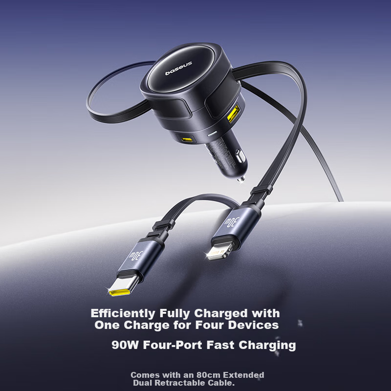 Baseus Car Charger with Retractable Dual Cigarette Lighter Ports and Built-in Cable 90W Super Fast Charging for Apple, Huawei, Xiaomi