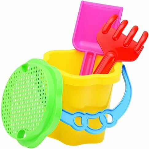 Песочный набор №104, в комплекте ведерко 0,7 л, сито, грабли и совок, детские пластиковые игрушки для песочницы