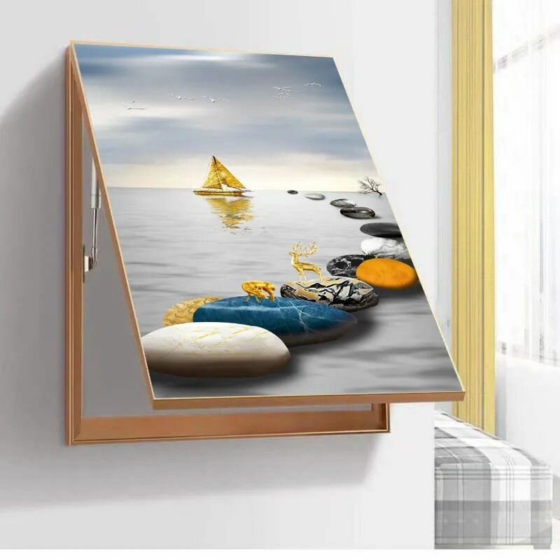 Декоративная картина для электрощита 30x40 см с гидравлической петлей и алюминиевой рамой (Золото/Черный) - Скрывает электрощит 20x30 см, без сверления, водонепроницаемая, для гостиной