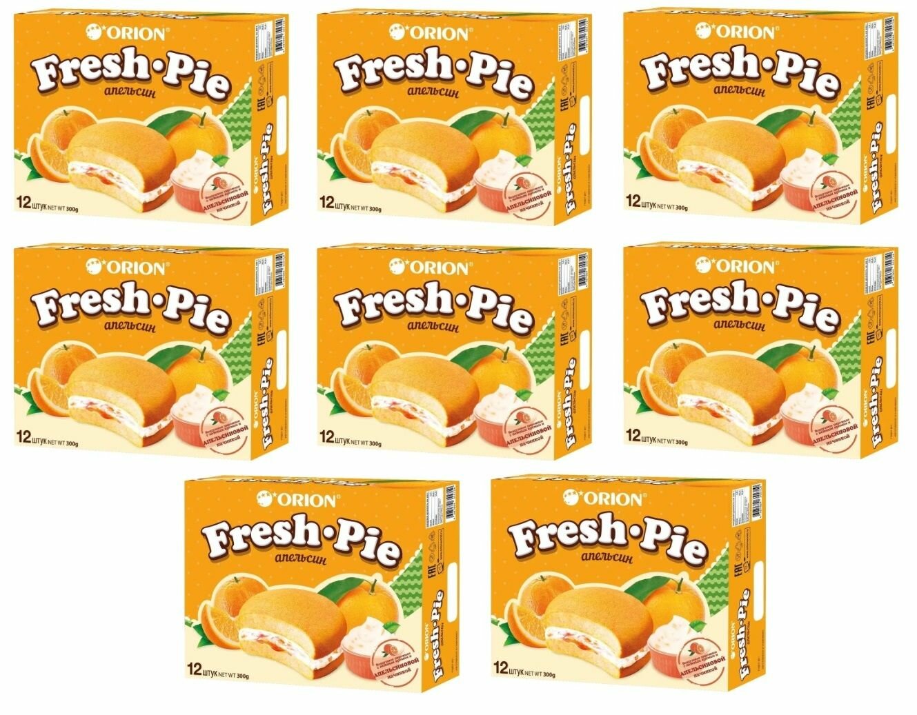 Orion Печенье бисквитное Fresh Pie, с апельсиновой начинкой, 12 шт х 25 г, 8 уп в коробке