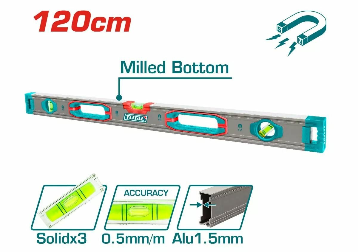 Уровень строительный TOTAL TMT212028M, серый, 120см, с магнитным основанием