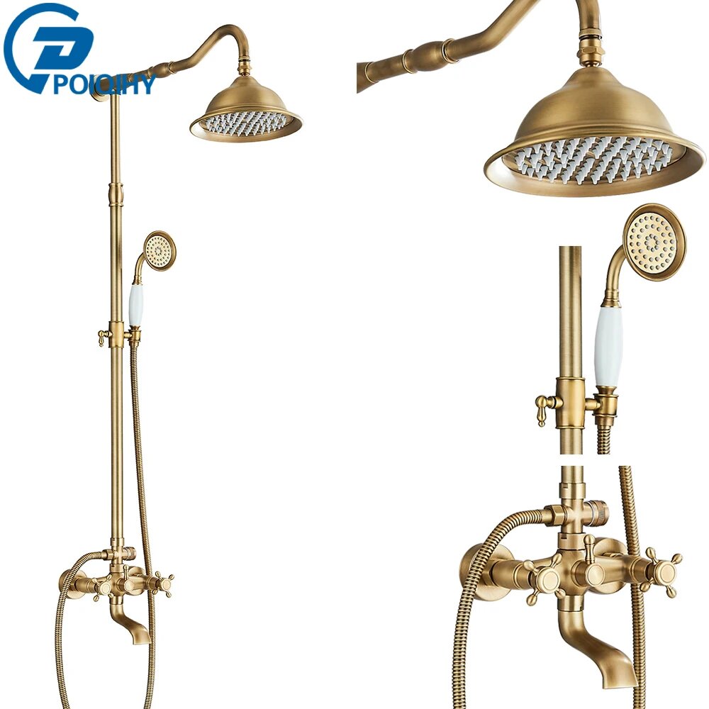 Антикварный латунный душевой набор, смеситель для душа в ванной, латунный смеситель для душа с дождевой водой, латунная полка для хранения, Antique Brass A03