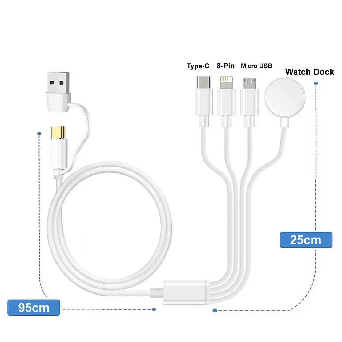 4-в-1 зарядный кабель 95см, Type-C, 8-Pin, Micro USB, Watch Dock, белый