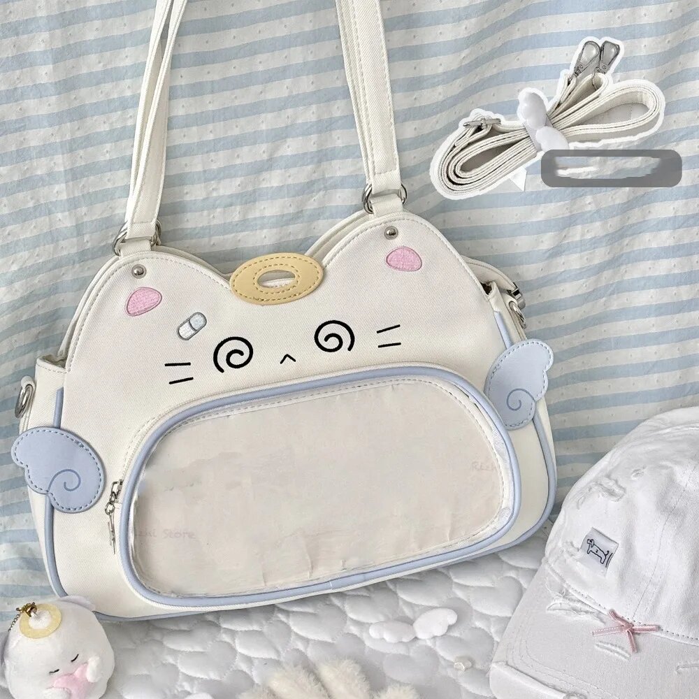 Портативная сумка на молнии Kawaii Cat Itabag, хлопковая сумка для куклы из искусственной кожи, прозрачный карманный кошелек, сумка для хранения значков, модные мужские рюкзаки White