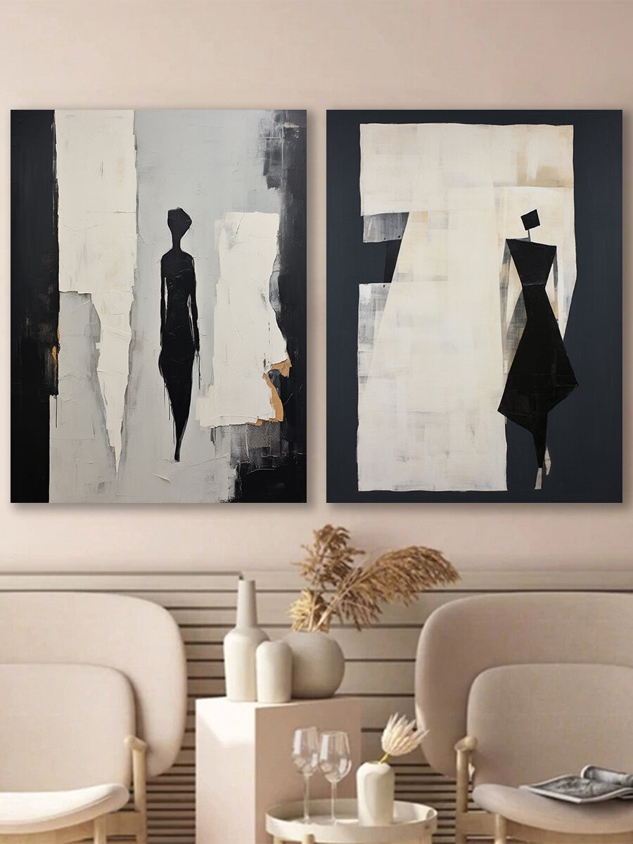 Картина модульная на стену / композиция из 2-х картин, "Силуэты людей, абстракция, пара девушка и мужчина", 70х100 см.