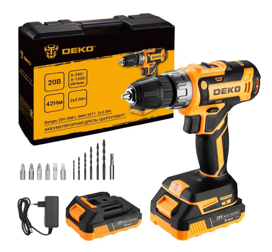 Аккумуляторная дрель-шуруповерт DEKO Banger 20V ONE+ 13 предметов в кейсе, 2x3.0Ач