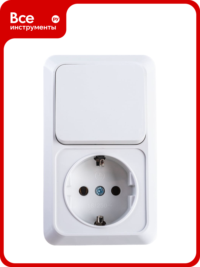 Вертикальный блок: одноклавишный выключатель + розетка с заземлением, белый UNIVersal Олимп О0038