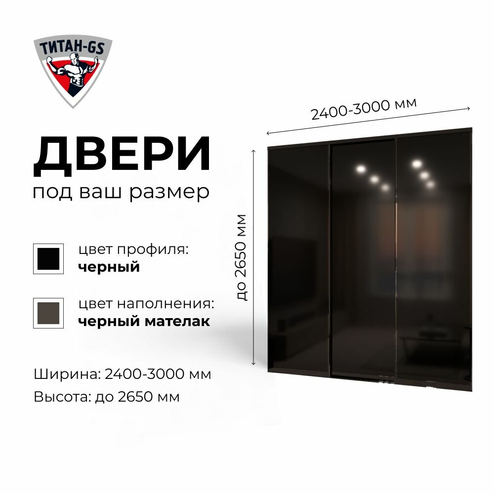 Двери купе для гардеробной и шкафов Титан-GS 3 створки в проем до 3000 мм на 2650 мм, профиль черный стекло черный мателак