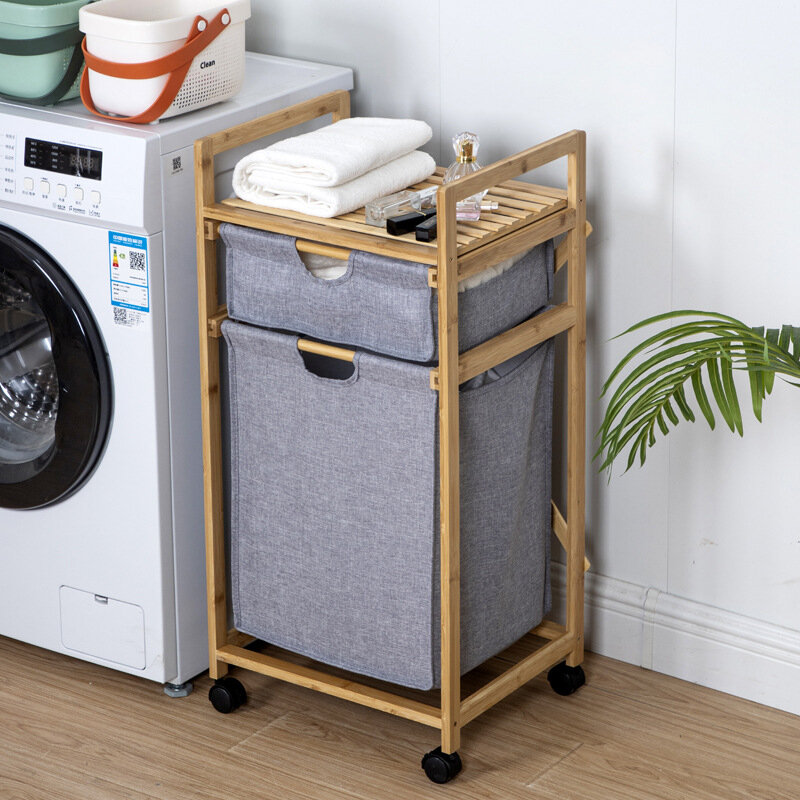 Корзина для белья AKSHOME "Деревяшки", бамбук/текстиль, серая, 42х34х84 см