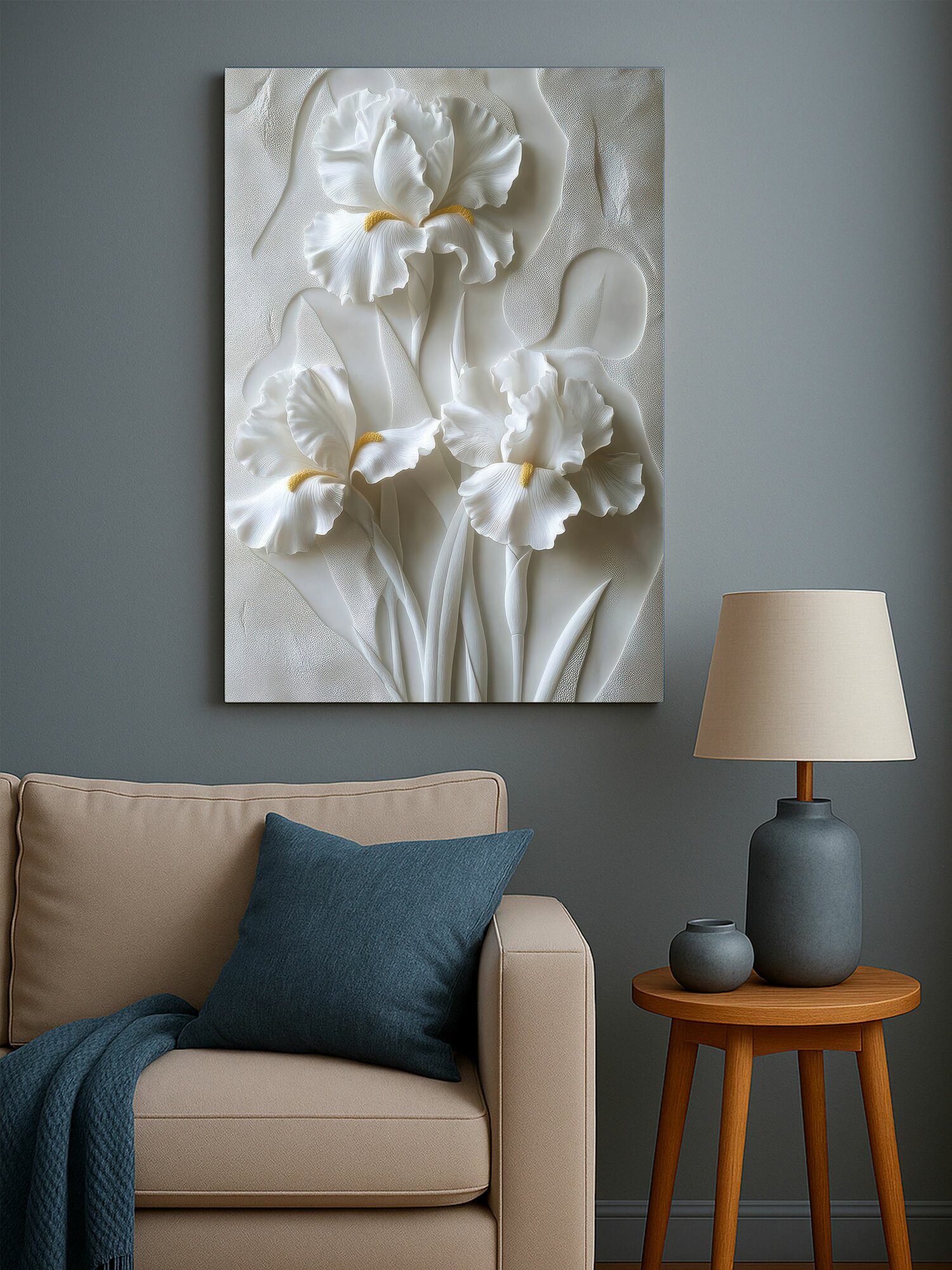 Картина для интерьера на холсте "Три белых Ириса" 60х100 см