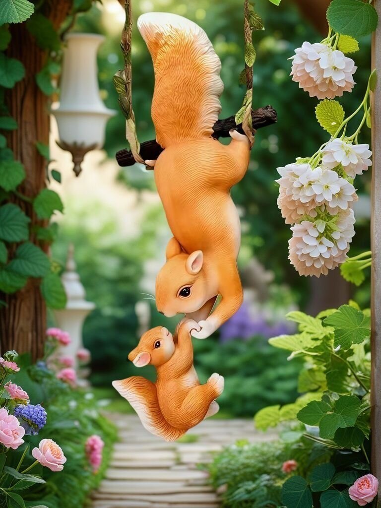 Садовая статуя "Мать и дитя белки", Подходит для подвешивания в саду, Украшение сада,13*8*31 см