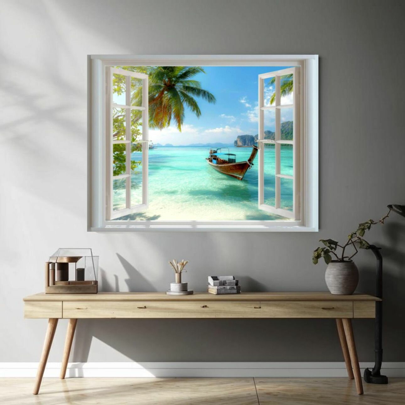 Картина Окно, вид из окна на океан, пальмы, песок, 40*60 см