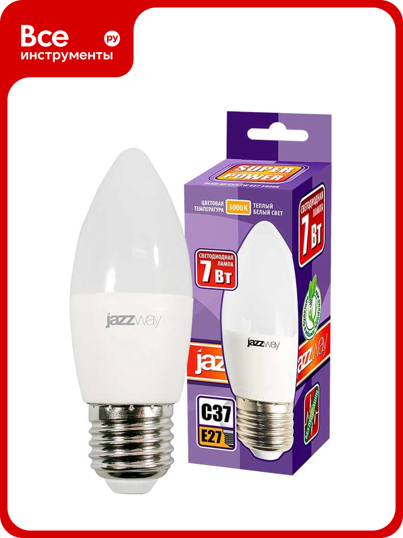 Светодиодная лампа Jazzway PLED-SP 7Вт C37 свеча 3000К теплый белый E27 560лм 230В/50Гц 1027825-2